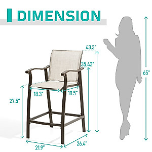 VredHom Outdoor Bar Stools & Chairs Set of 2, 2 PCS Counter Height Bar Stools, Patio Bar Chairs Brown Aluminum Frame & Beige Textilene