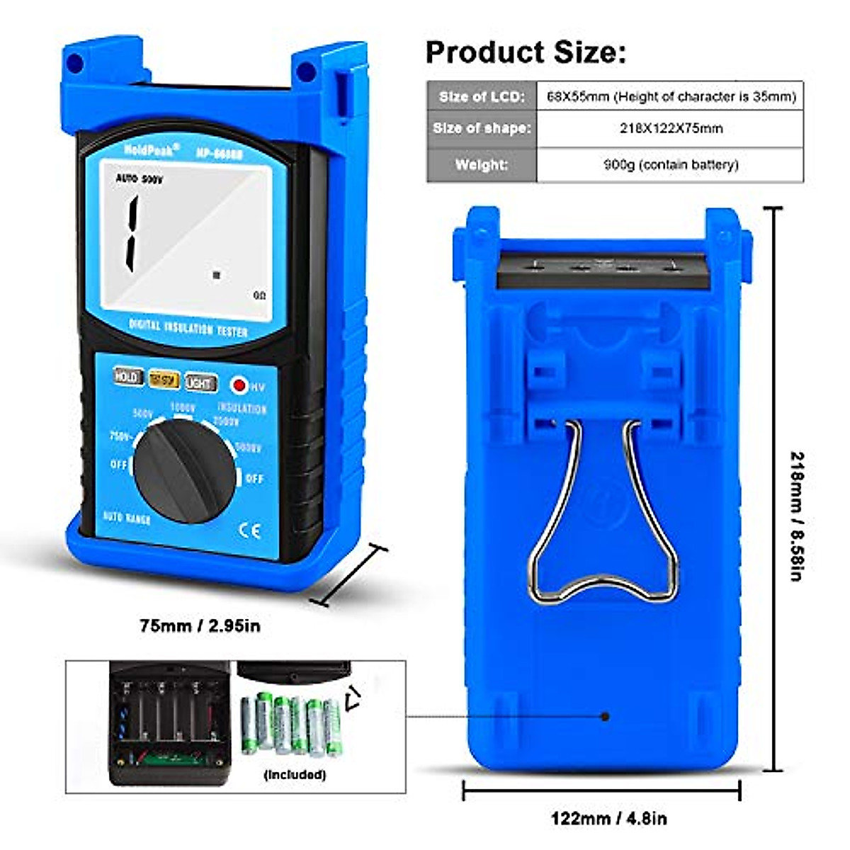 HOLDPEAK Digital Insulation Resistance Tester HP-6688B 100V/250V/500V/1000V/2500V/5000V Voltage Test, 200G Ohms Megohmmeter 2000 Counts Backlight, Auto Ranging, Data Hold (Battery Included)
