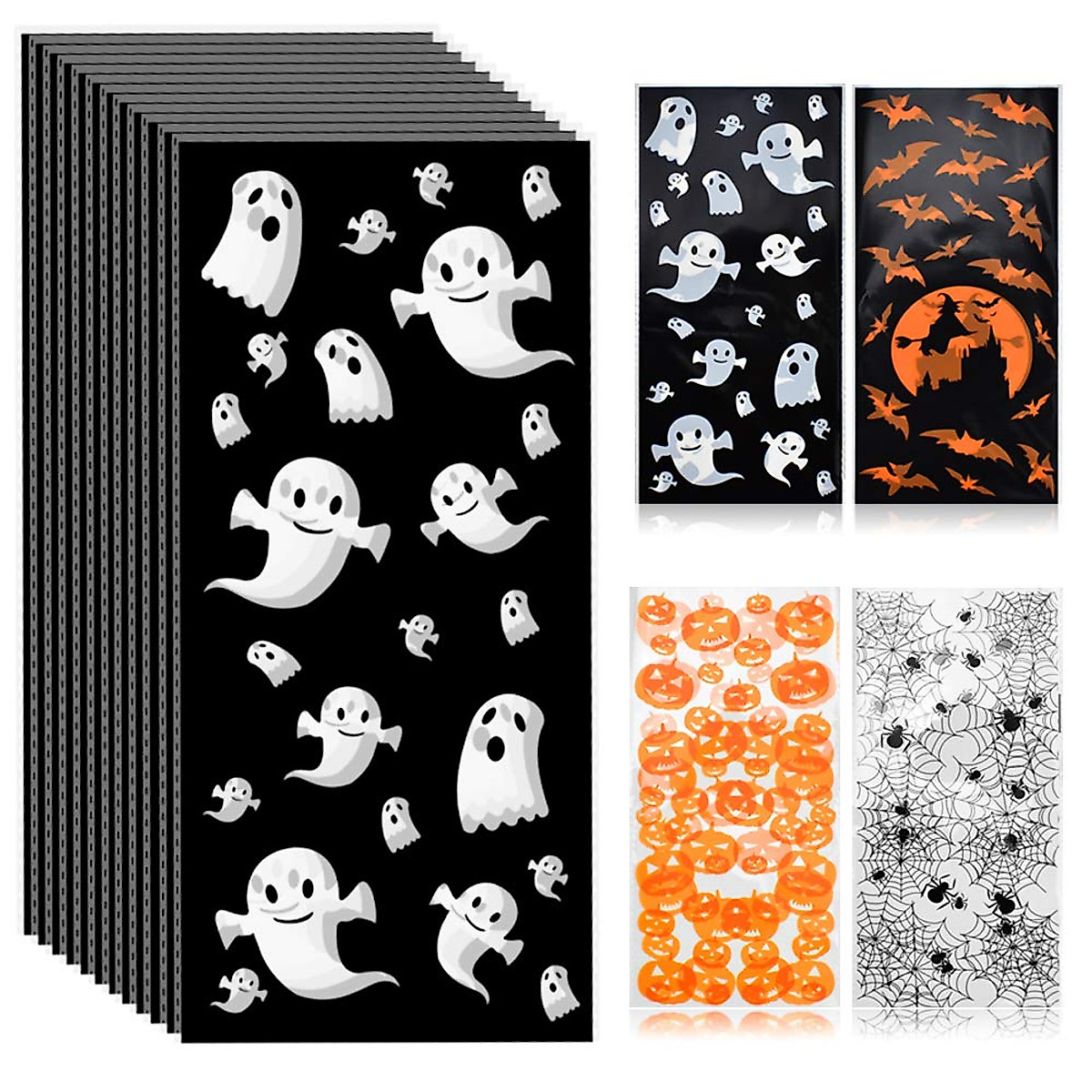 ERKOON 200pcs Halloween Candy Bags Pumpkin Spider Web Bat Ghost Print Candy Bags Halloween Treat Candy Twist Ties Gift Bags Kids Candy Bags for Halloween Party