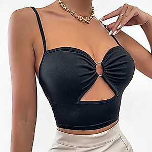 Women's Sexy Sleeveless V Neck Plunging Camisole Basic Solid Color Hollow Out Y4k Cropped Tank Top Slim Bustier Bras Black