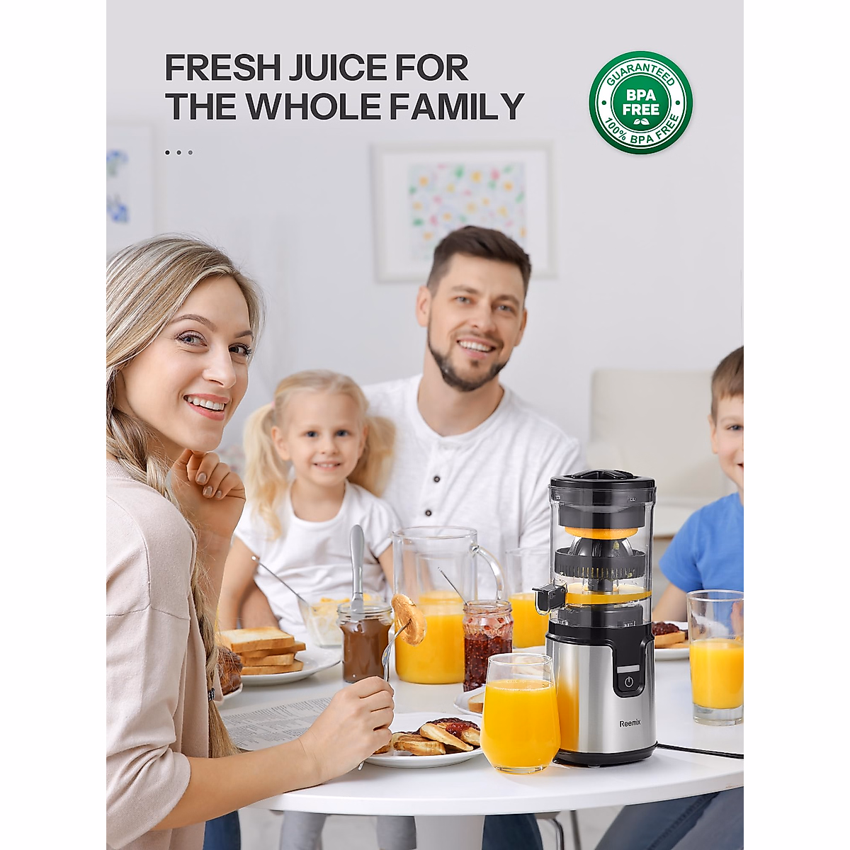 Electric Citrus Juicer, Reemix Lemon Squeezer with Brushed Stainless Steel Body, Fully Automatic One-click Operation Orange Squeezer, Black+Silver