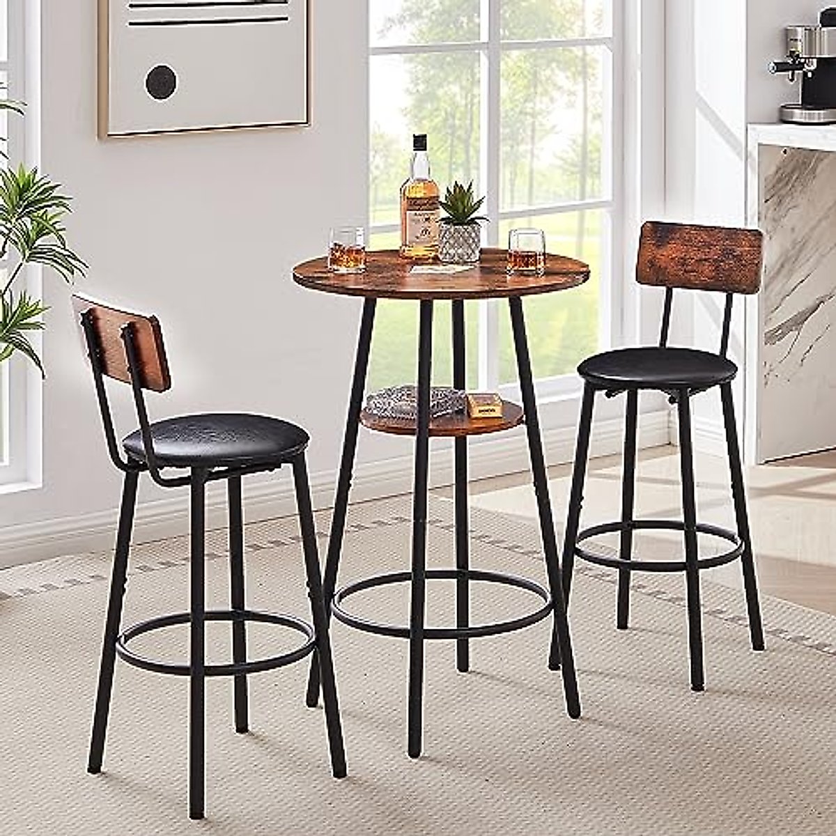 Tensun Bistro Table and Chairs Set of 2, Pub High Top Round Table and Chairs Set with Upholstered Cushion, Storage Shelf and Backrest, 3-Piece Bar Stool Set for Breakfast Nook, Rustic Brown