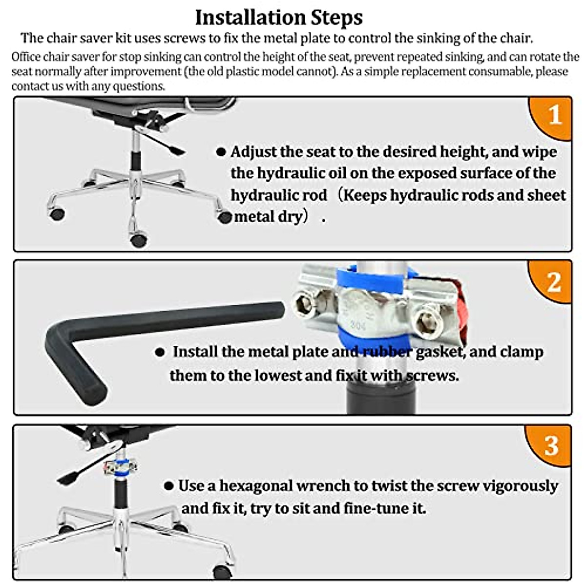 LJZP 3 Pack Fix Sinking Office Chair, Office Chair Saver for Stop Sinking Solid Stainless Steel Adjustable Height Chair Saver Kit with Hexagon Wrench Adjustable Height and Leather Pads Support