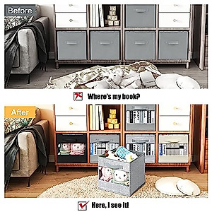 DIMJ Cube Storage Bin, 6 Pack Collapsible Storage Bins, Cube Storage Organizer with Window, Fabric Storage Bins for Shelves, Closet Baskets for Clothes, Toys, Books (Light Grey)