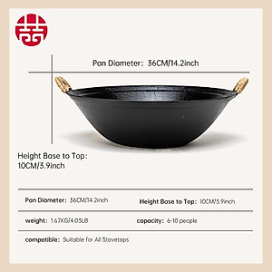 WANGYUANJI Handmade Cast Iron Wok 14.2" Large Woks Stir-Fry Pans with Dual Handle,Fry Pan Suitable for Induction, Electric, Gas, Halogen All Stoves-Black,Uncoated Craft Wok Healthy Cooking Wok