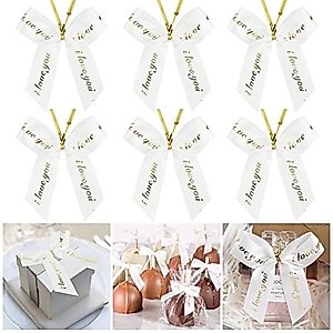 AIMUDI White Bows with Twist Tie for Wedding Favors White and Gold Bows I Love You Ribbon Bows for Gift Wrapping Premade Bows for Treat Bags Candy Apple Valentine's Day Bridal Shower -50 Counts