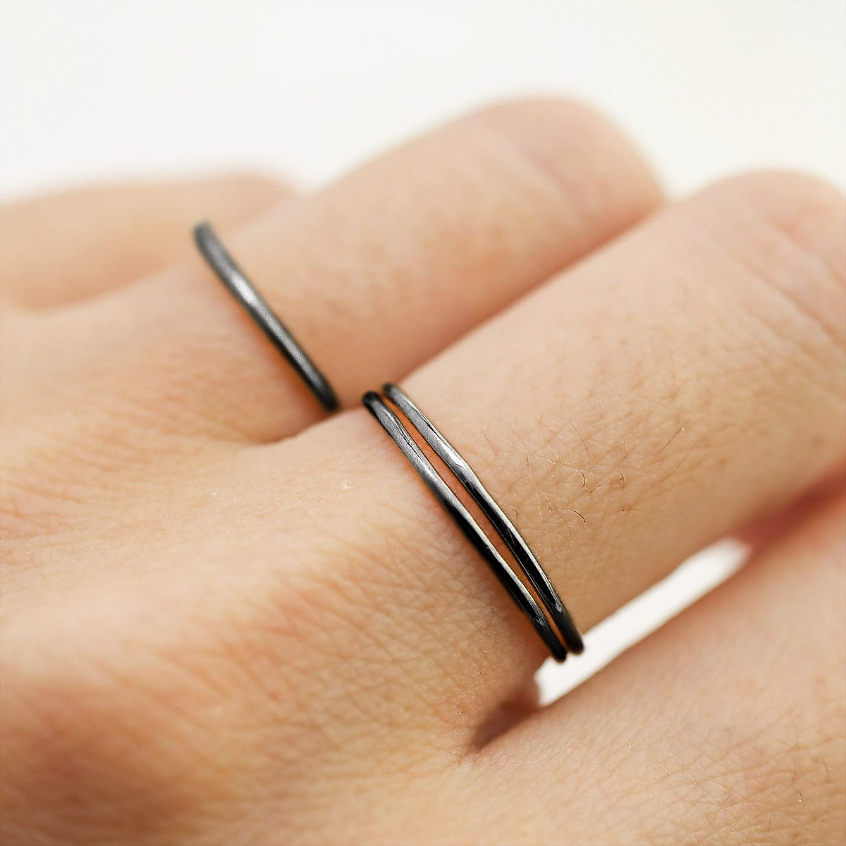 Bestyle Stackable Black Rings Set for Women, Polisded Black Gun Plated Size 6 Band Layered Rings Comfort Fit Finger Rings