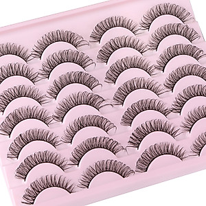Newcally Russian Strip Lashes Mink Wispy Natural Look False Eyelashes Pack Manga Lashes D Curl Fluffy Volume Faux Mink Lashes Cat Eye Lashes Look Like Lashes Extension 14 Pairs