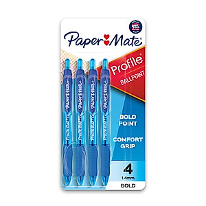 Paper Mate Profile Retractable Ballpoint Pen, Bold Point, Translucent Barrel, Blue Ink, 4 Count