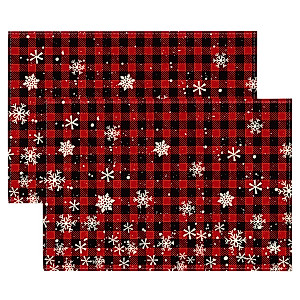 Artoid Mode Red and Black Buffalo Plaid Snowflakes Christmas Placemats Set of 2, 12x18 Inch Winter Table Mats for Party Kitchen Dining Decoration