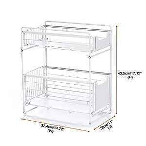 METALLIXITY Under Sink Cabinet Organizer with Sliding Drawers, 2-Tier Metal Pull-Out Cabinet Organizer - Suitable for Sink, Bathroom, Cabinet, Countertop- White