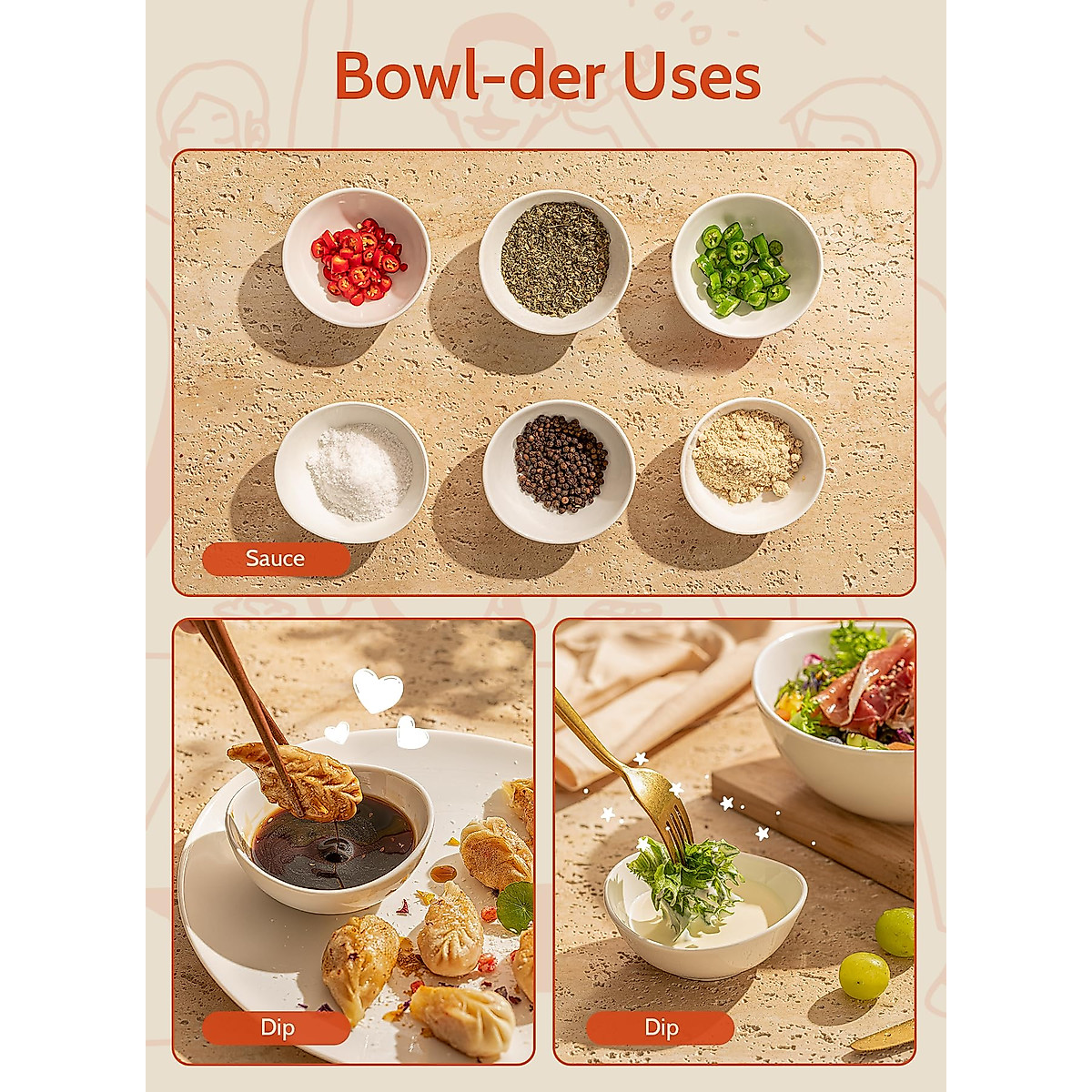 Sweese 4 Inch Porcelain Small 4 oz Bowls for Sauce | Charcuterie | Dipping | Snack | Condiment | Side Dishes Set of 6 - Microwave, Dishwasher and Oven Safe - White