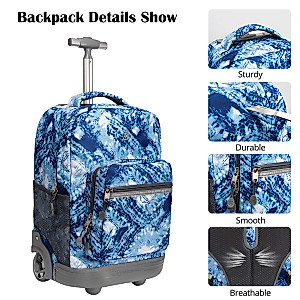 WEISHENGDA 18 inches Wheeled Rolling Backpack for Boys and Girls School Student Books Laptop Travel Trolley Bag, Blue