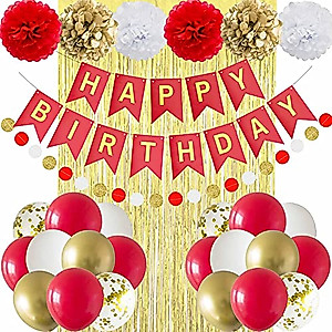 ANSOMO Red and Gold Happy Birthday Party Decorations with Banner Balloons Pom Poms Foil Fringe Curtains for Girls Women