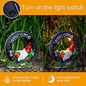 Ottsuls Solar Gnome Garden Statues for Outdoor, Resin Welcome Dwarf with Tyre&LED Lights, Sculpture Decor for Patio, Porch, Balcony, Yard, Lawn Ornament - Unique Holidays/Birthday Gift