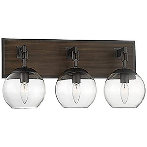 Possini Euro Design Webly Industrial Rustic Wall Light Gunmetal Faux Wood Hardwired 20" 3-Light Fixture Clear Glass Globe Shade for Bedroom Bedside Bathroom Vanity Living Room Hallway Dining House