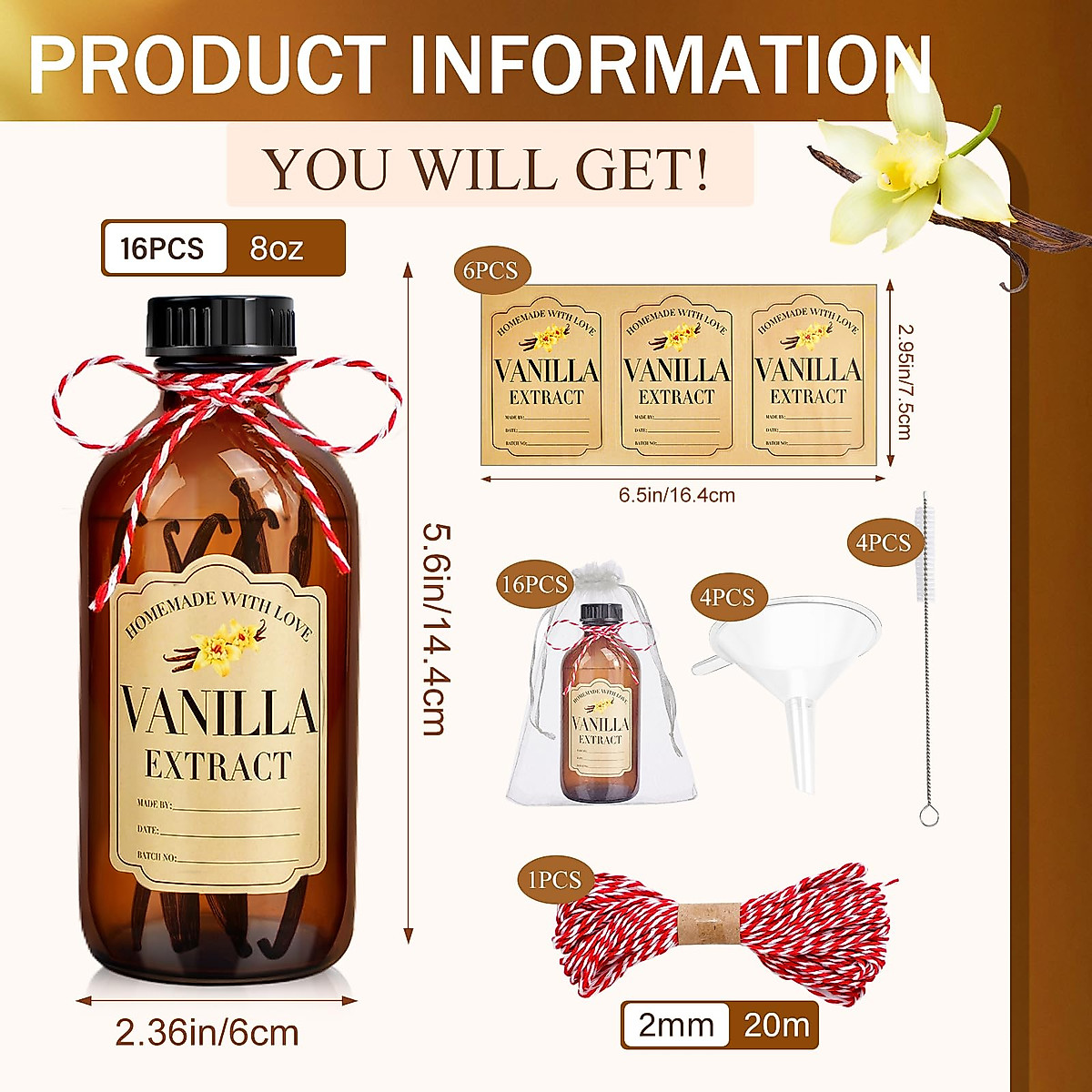 16Pcs 8 oz Amber Glass Bottle Boston Round Bottles for Vanilla Extract Homemade,Brown Vanilla Extract Bottles with Caps for Syrup Gift Glass Food Storage Canister and Sauce Beans