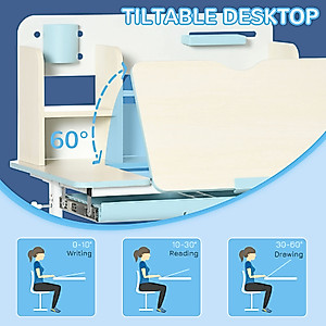 Qaba Wooden Kids Study Desk, Height Adjustable Children School Study Table, Student Writing Desk with Tilt Desktop, Drawer, Storage Shelf, Pen Holder, Blue