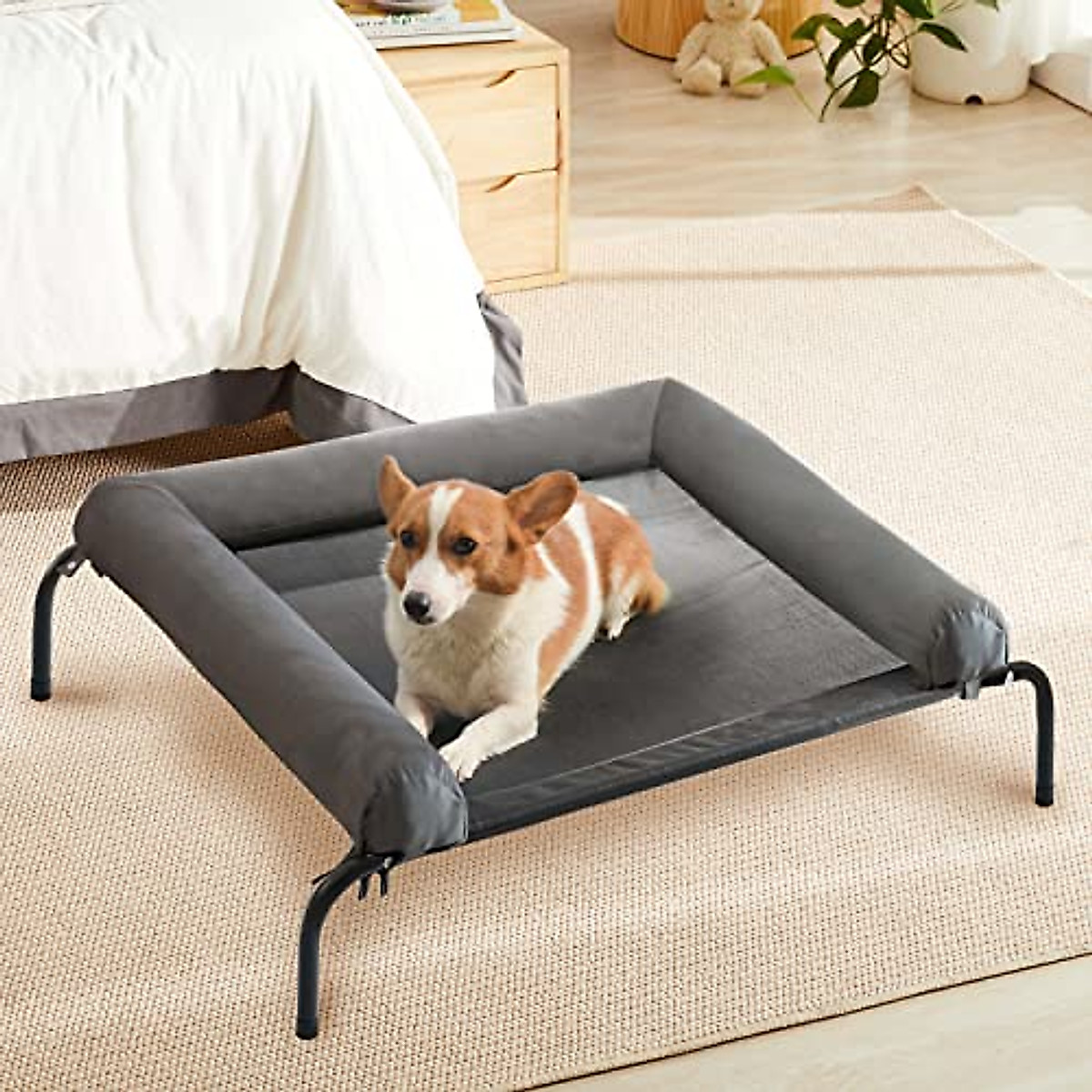 Western Home Elevated Dog Bed Cot, Raised Outdoor Dog Bed with Bolster for Medium Dogs, Slightly Chew Proof Portable Cooling Pet Cot with Breathable Mesh, Skid-Resistant Feet, Grey, 36 inches