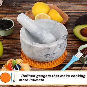 Mortar and Pestle Set Polished Natural Marble Stone Guacamole Molcajete Bowl with Base Silicone Pad,Matching Stainless Spoon and Matching Small Brush (Large, White Gray)