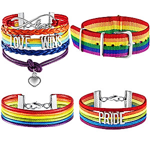 Hicarer 4 Pieces Rainbow Gay Pride Bracelet LGBT Handmade Love Wins Bracelet Pride Braided Bracelet Adjustable Nylon Watch Strap Wristband for Men Women