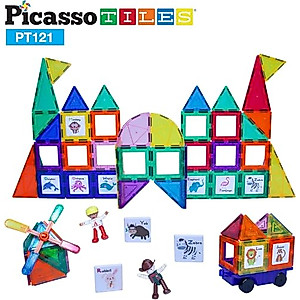 PicassoTiles 121 pc Master Builder Magnetic Building Block Construction Set Magnet Tiles Blocks with Car Truck, 2 Character Action Figures, 28 Educational Alphabet Animal and Number Graphics, Windmill