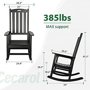 Cecarol Patio Oversized Rocking Chair Outdoor, Weather Resistant, Low Maintenance, High Back Front Porch Rocker Chairs 385lbs Support Poly Lumber Rocker, Wood-Like Plastic Chair, Black-PRC01