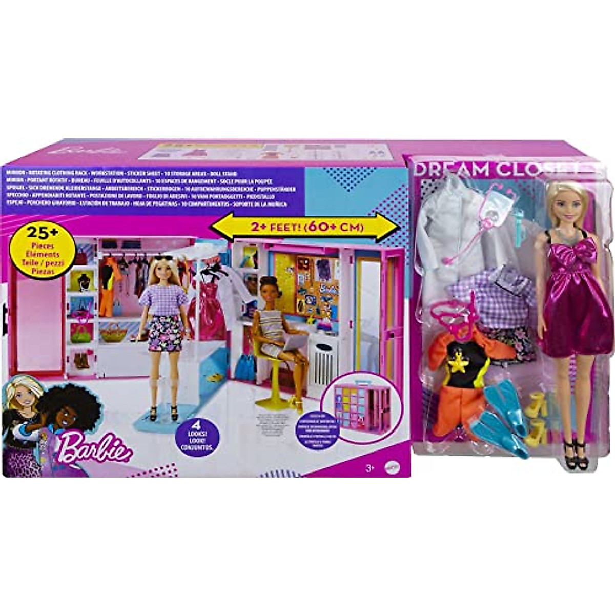 Barbie Dream Closet with Blonde Doll & 25+ Pieces, Toy Closet Expands to 2+ ft Wide & Features 10+ Storage Areas, Full-Length Mirror, Customizable Desk Space and Rotating Clothes Rack