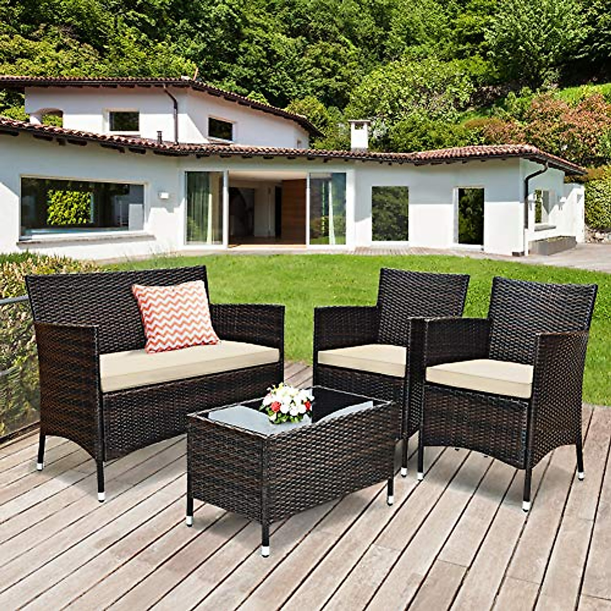 BestComfort 4 Piece Outdoor Patio Furniture Set Wicker Conversation Set, Sectional Sofa Rattan Wicker Chair, Glass Coffee Table for Backyard Porch Poolside Balcony Garden
