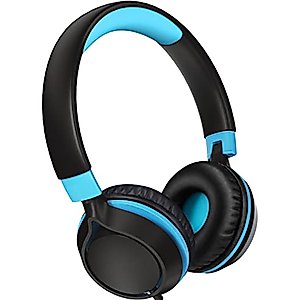 TUNEAKE Kids Headphones, Foldable Stereo On-Ear Kids Headset, 94dB Volume Limited, Adjustable Headband Headphones for Kids Teens, Tangle-Free 3.5mm Jack School Headphones for iPad Tablet, Blue Black