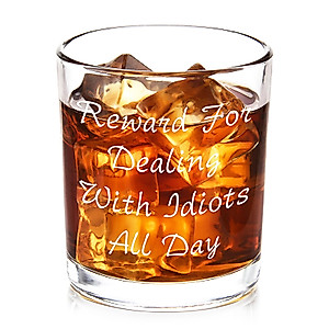 Futtumy Reward For Dealing With Idiots All Day Whiskey Glass, Funny Gifts for Men Coworker Friend Husband Boss Him, Novelty Old Fashioned Glass for Christmas Fathers Day Bosses Day Birthday, 10 oz