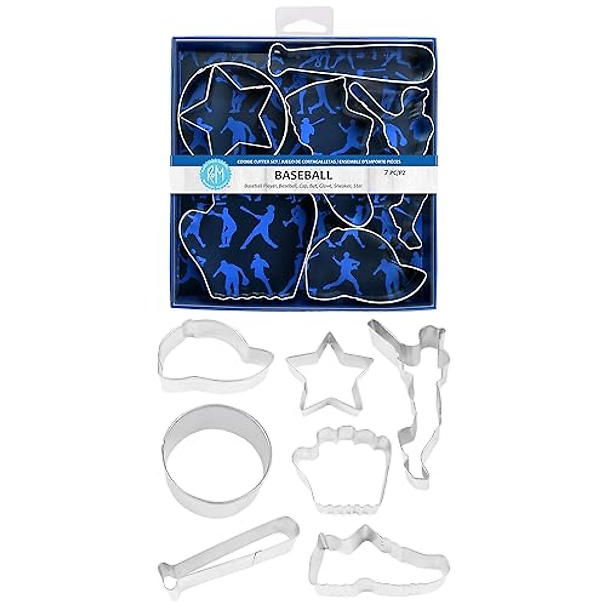 R&M International Baseball Cookie Cutters, Bat, Hat, Ball, Player, Glove, Star, Sneaker, 7-Piece Set,Silver