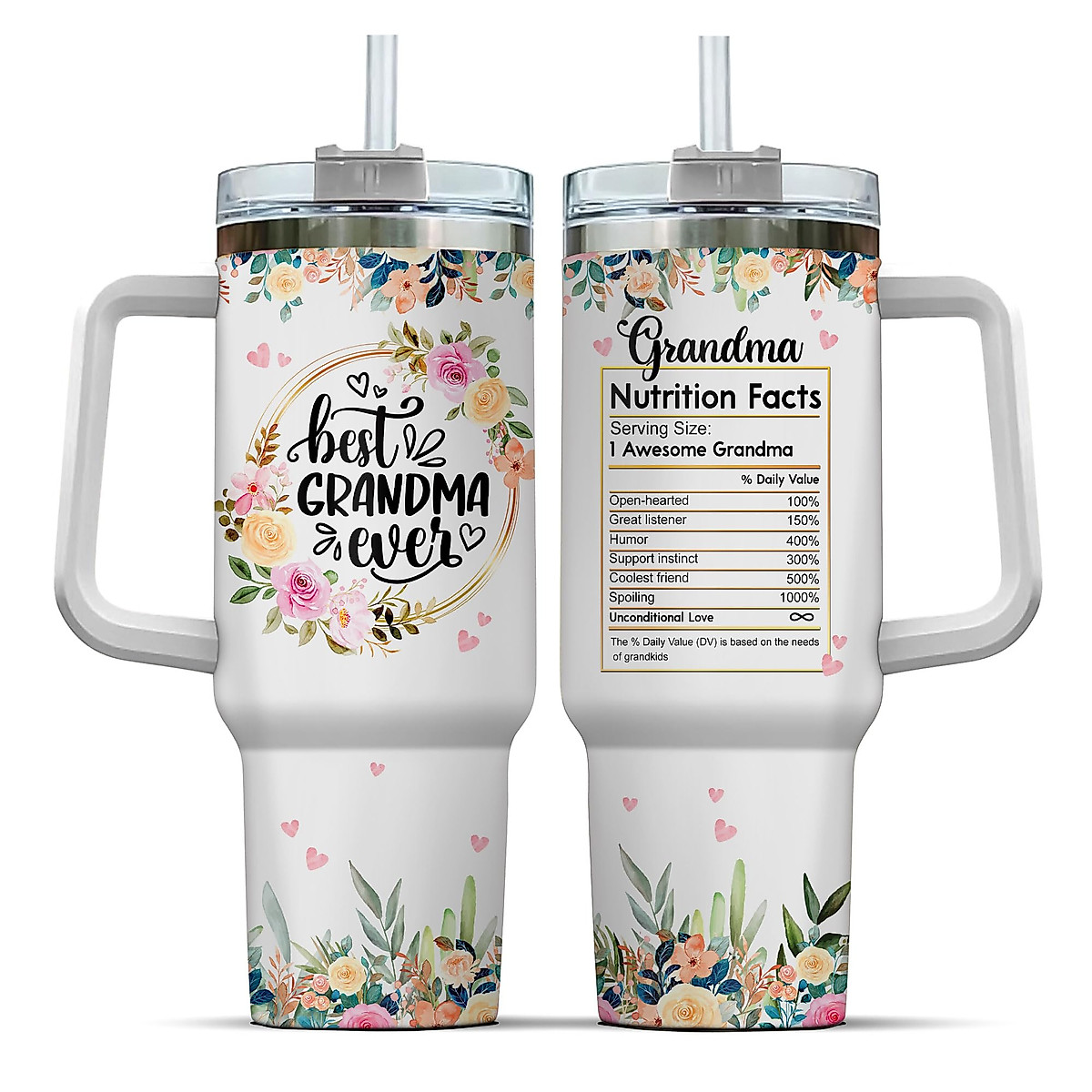 99WHALE Grandma Gifts, Grandma Watercolor Floral Nutrition Facts, Tumbler 40 Oz With Handle Lid And Straw, Handle Grandmas Cup For Great Heart Sippy Flower Best Ever Coffee Cups Nana