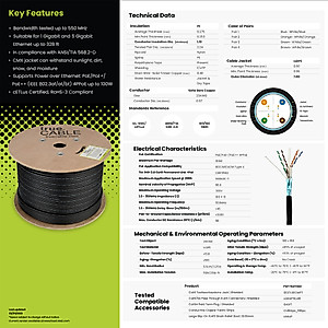 trueCABLE Cat6 Direct Burial, Shielded F/UTP, 1000ft, Waterproof, Outdoor Rated CMX, Black, 23AWG Solid Bare Copper, 550MHz, PoE++ (4PPoE), ETL Listed, Bulk Ethernet Cable