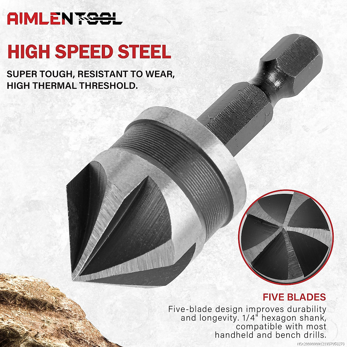 AIMLENTOOL 5 Pcs Countersink Drill Bit Set, 82 Degree 5 Flute High-Speed Steel Countersink Drill Bit with 1/4” Hex Shank, 1/4" to 3/4" Size for Machinable Metals, Wood, Carbon Steel, in Aluminum Case