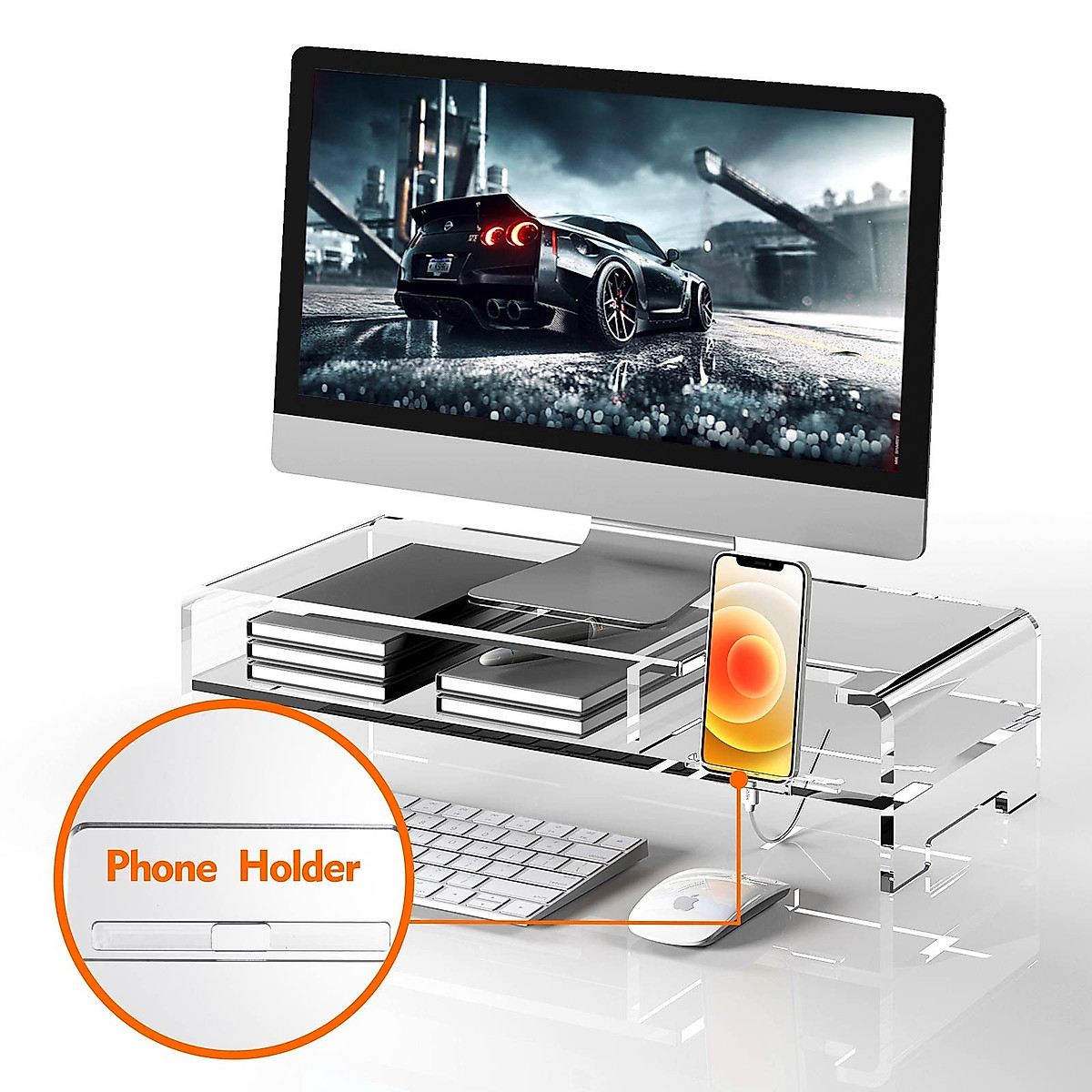 BEYGORM Acrylic Monitor Stand Riser, Wide 20", 2 Tier Computer Stand with Storage, Desk Organizer Desktop Printer Stand Laptop Storage Shelf Screen Holder with Phone Holder(Clear)