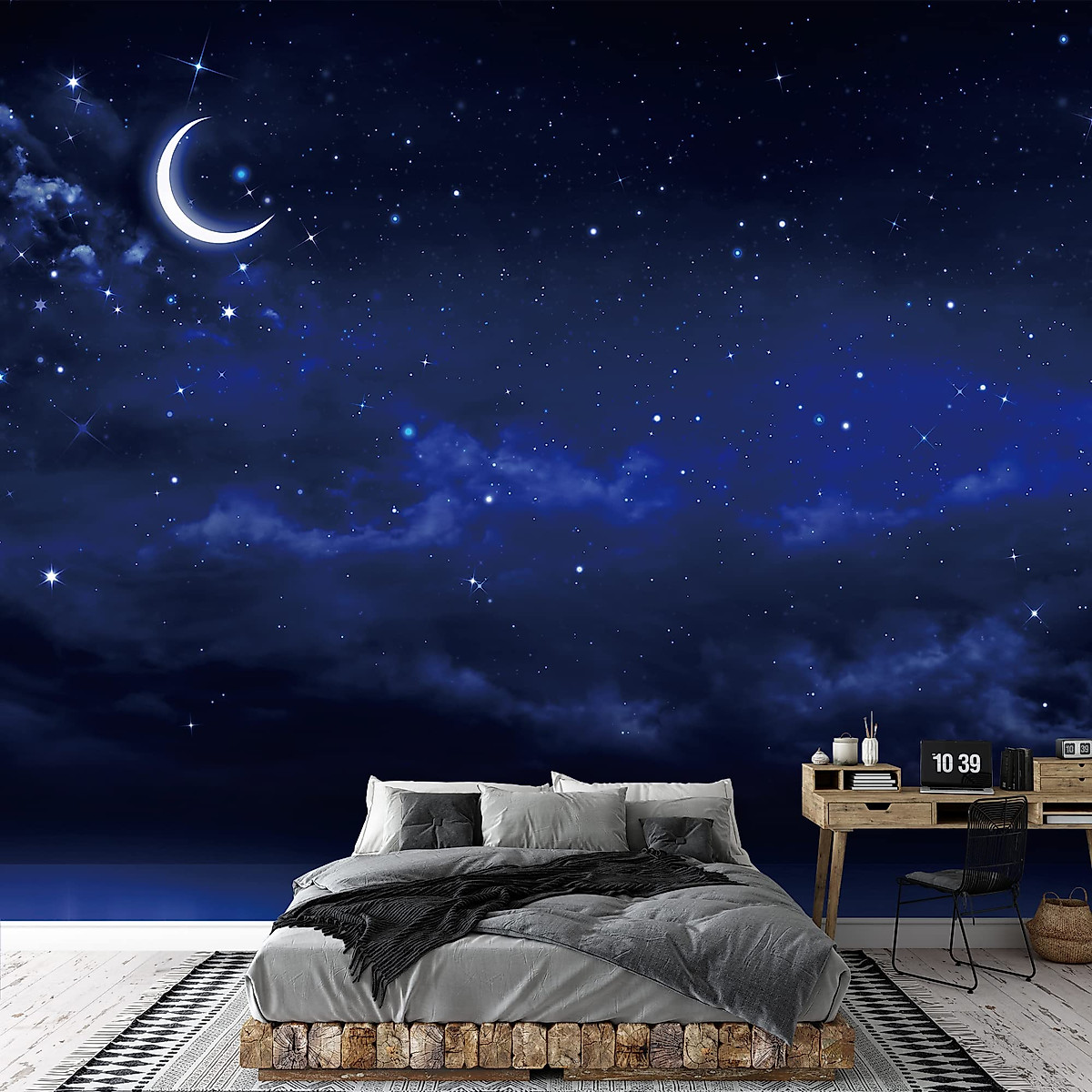 SIGNWIN Wall Mural Stars and Moon in Night Sky Removable Self-Adhesive Wallpaper Wall Decoration for Bedroom Living Room - 66x96 inches