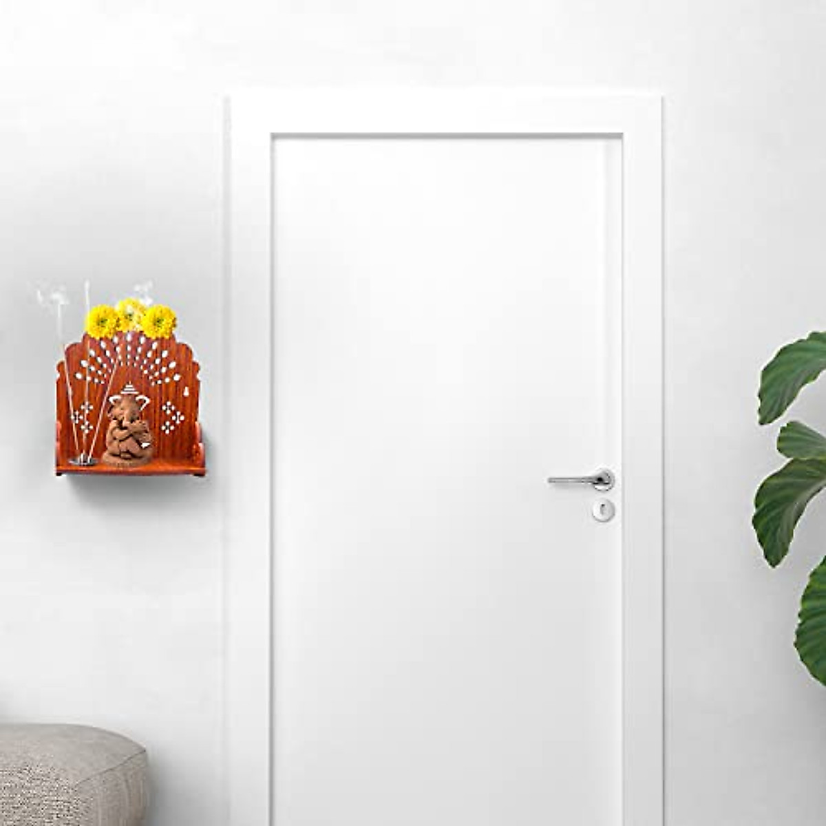 Wooden Temple Wall Mounted Hanging Table top Pooja Mandir God Stand Shelf for Home Office and Gifting (Ganesh)