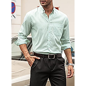 JMIERR Mens Slim Fit Casual Button Down Dress Shirts Pinpoint Stripe Long Sleeve Fall Shirt US 37.5(S),Green