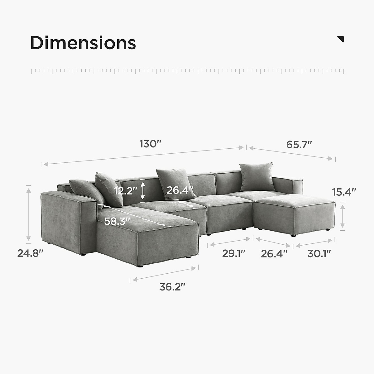 Acanva Luxury Modular Sectional Living Room Sofa Set, Modern Minimalist Style Couch with Ottoman and Chaise, U-Shape, Chenille Grey