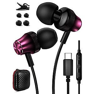 USB C Headphone Type C Earphone Hifi Stereo Wired Earbuds for Google Pixel 6a 7a 7 6 Samsung A53 A54 S23 in-Ear Noise Canceling Bass Corded Headset with Mic for Galaxy Z Flip Fold 5 4 S22 S21 S20 Wine