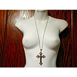 Large Gothic Cross Necklace silver-tone pendant on 24" steel chain with RED stone