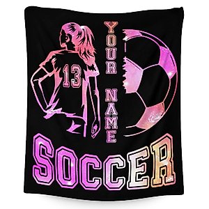 Personalized Soccer Throw Blanket with Name- Soft, Fuzzy & Warm- 50x60 Inches Throw Size Blanket for Couch, Office - Black Cute Throw Gift for Girls, Women