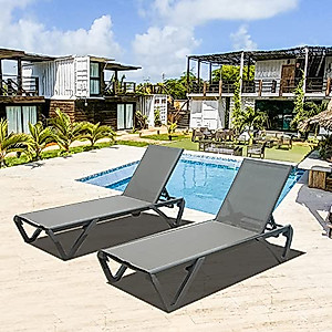 Domi Pool Lounge Chairs Set of 2, Adjustable Aluminum Plastic Outdoor Chaise Lounge, All Weather for Outside Beach Poolside Lawn-Grey Textilene