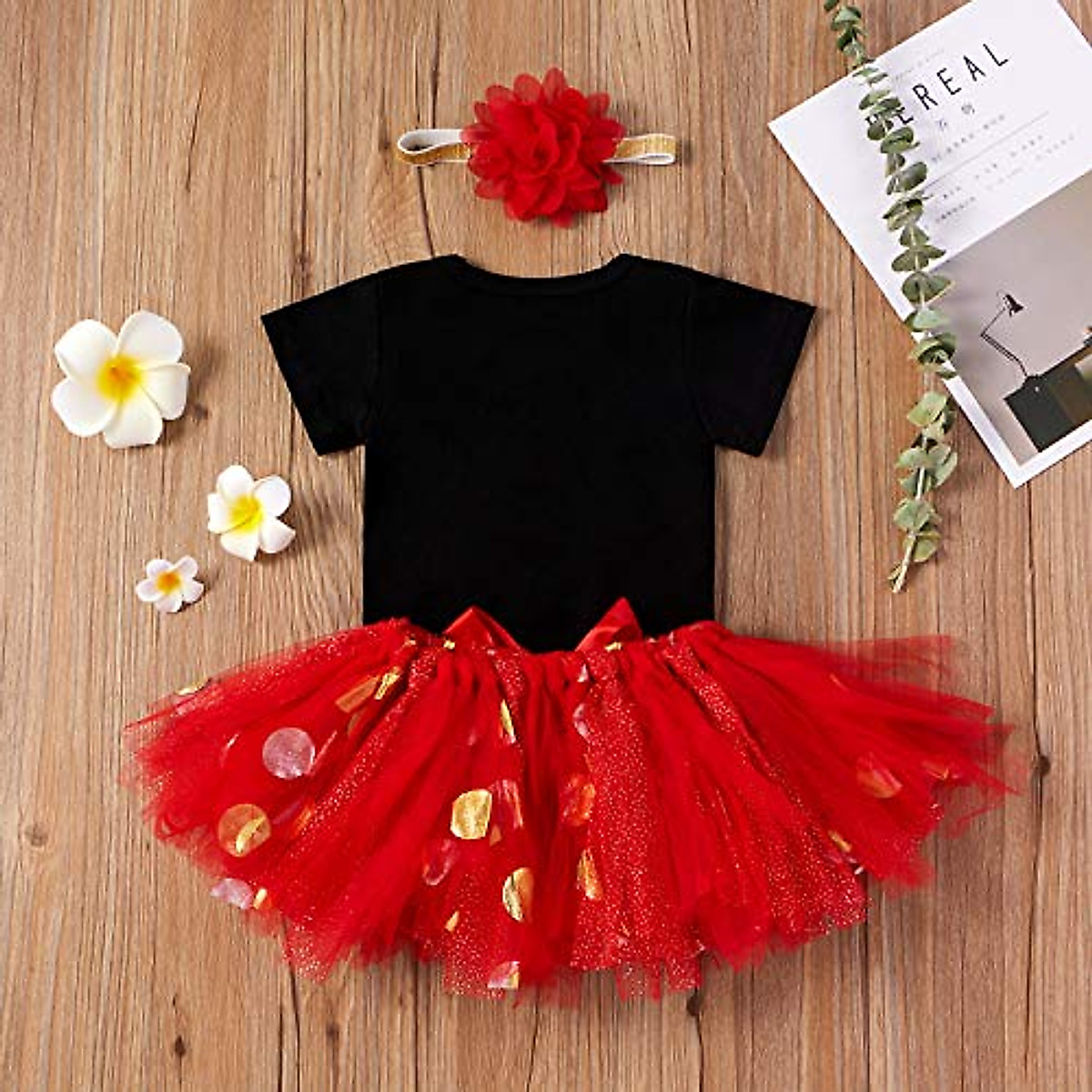 Newborn Infant Girl Skirt Outfits Red Heart Black Romper+Golden Dots Red Tulle Tutu Skirt Baby Clothes Valentine's Day (0-3 Months, Daddy's Little Valentine Outfits)