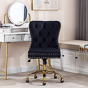 QUINJAY Velvet Home Office Desk Chair, Upholstered Adjustable Swivel Desk Chair with Gold Base, Tufted Study Desk Chair with Comfy High Back for Teens Study Makeup Black