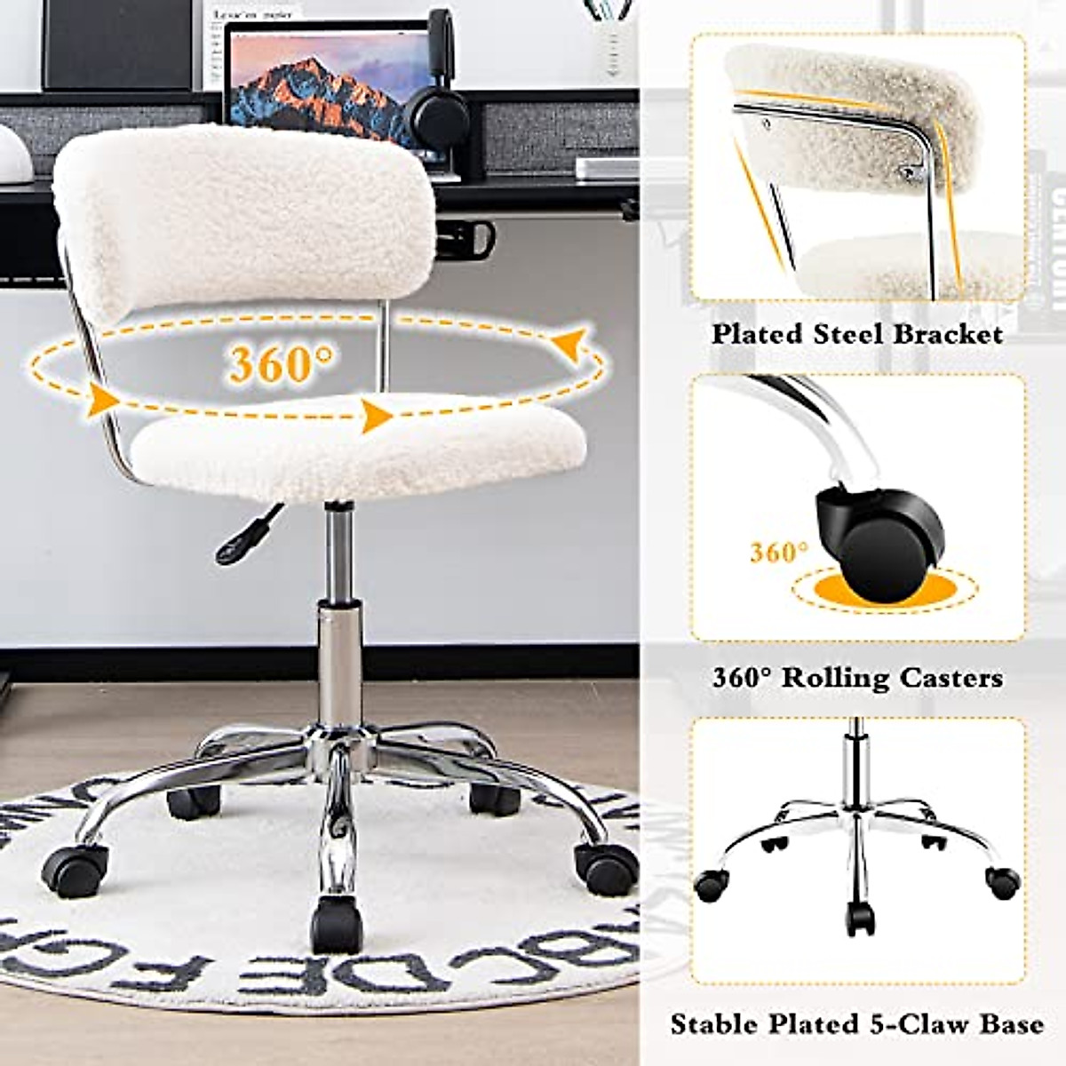 Giantex Home Office Chair, Faux Fur Low Back Swivel Leisure Chair w/Height Adjustable Padded Seat, Rolling Armless Vanity Chair w/Galvanized Steel Frame for Bedroom Study Guest Room, White