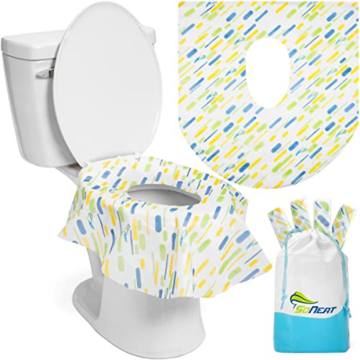 SoNeat Disposable Toilet Seat Cover - Extra Large Waterproof Toilet Seat Covers, Potty Training Seat Liners for Kids Travel and Public Restrooms, (Bright Lines, 4)