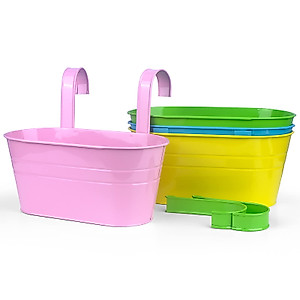 RIOGOO Flower Pots Metal Iron Hanging Flower Pots Garden Pots Balcony Planters Metal Bucket Flower Holders Wall Hanging Decor Pot- Detachable Hook (4 PCS) (Large)