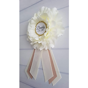 Mom To Be Sash and Dad To Be Pin By LMC | Baby Shower Belly Sash and Corsage | USA Handmade | Heat Sealed Ends | Ivory and Beige (Daddy to be pin)